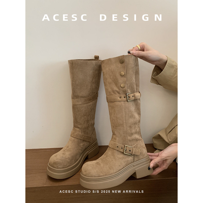 直筒圆头绒面厚底高跟骑士靴时装百搭不过膝显瘦瘦瘦靴长靴高筒靴