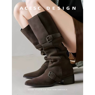 2025年秋冬季新款时尚百搭粗跟复古长筒靴女皮带扣褶皱堆堆靴高筒