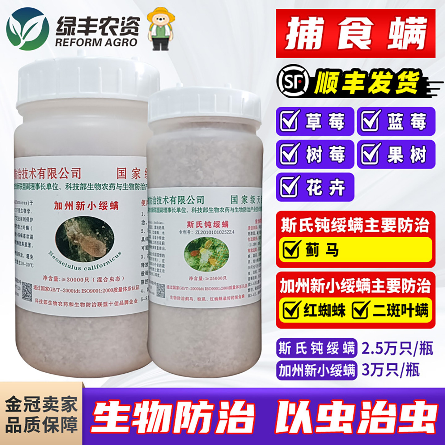 捕食螨加州新小绥螨钝绥螨斯氏钝绥螨草莓红蜘蛛蓟马白粉虱天敌