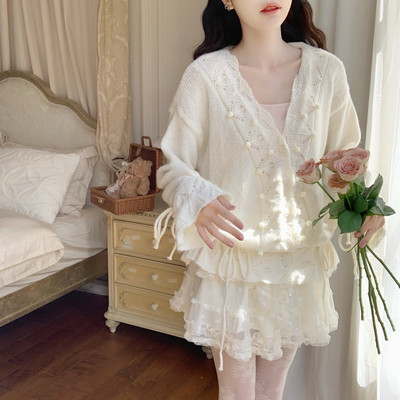 【DearYN】抽绳花边袖毛衣开衫