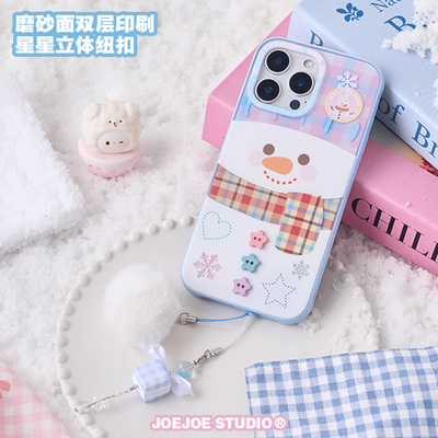 JOEJOE原创暖暖雪人适用15苹果14磨砂面手机壳iPhone16pro max双层16Pro保护壳15pro高级感13保护套手绘圣诞
