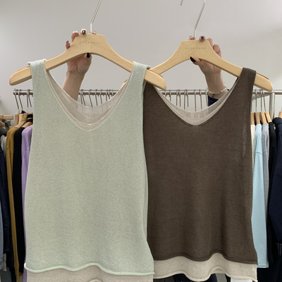 EVER2025春夏新款简约百搭拼色假两件针织背心女打底上衣T恤65613