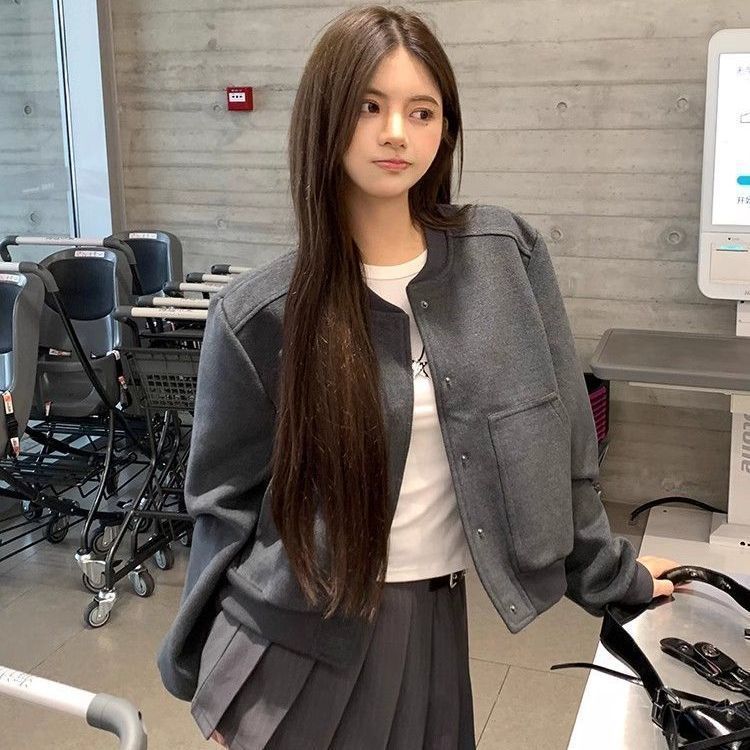 短款美式外套长袖新款春秋复古灰色休闲设计夹克高级棒球宽松上衣