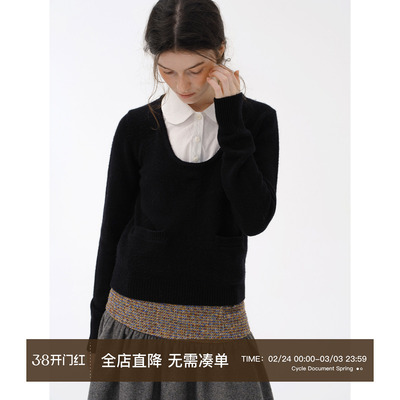 Cycle Document【100%纯羊毛】黑白撞色娃娃领假两件针织毛衣女