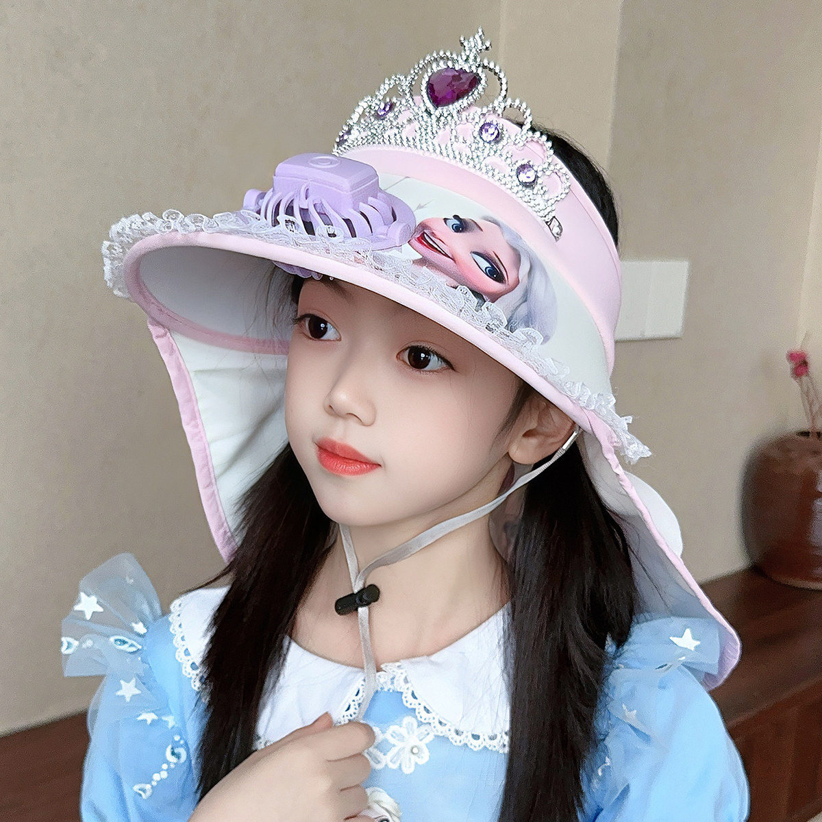 儿童帽子夏公主充电风扇空顶帽冰雪奇缘爱莎女宝宝遮阳防晒太阳帽