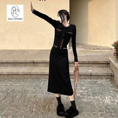 赵丽颖同款洋装黑色小香风蝴蝶结长袖圆领针织裙女