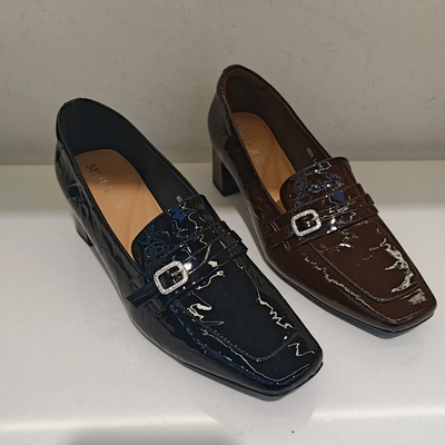 美拉女鞋方头浅口单鞋2026年8031春季新款牛漆皮一脚蹬真皮高跟鞋