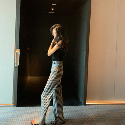 BIGYU修身显瘦窄版拖地裤格子裤