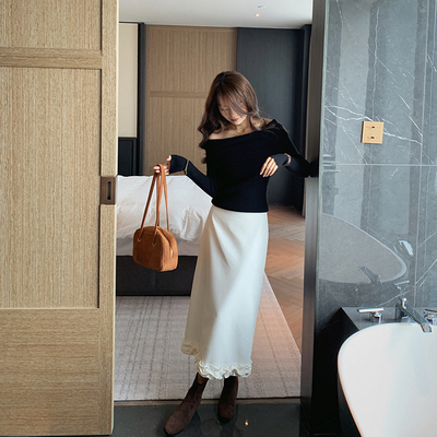 bigyu 气质通勤韩版后开叉花边半身裙春秋百搭直筒显瘦中长款裙子