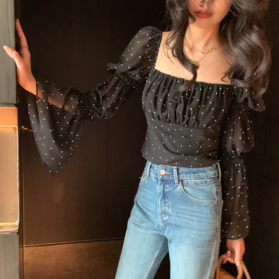 黑色波点长袖方领短款雪纺衫