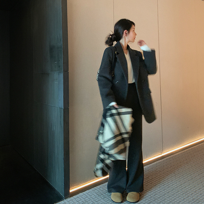 bigyu 灰色高级感夹棉西装外套女秋冬宽松职业休闲毛呢大衣上衣