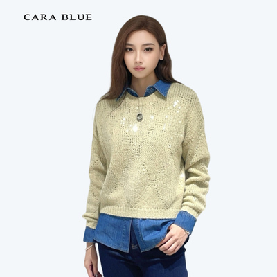 喀啦CARABLUE 镂空亮片 圆领宽松 慵懒风长袖针织衫 KC243PKR0022