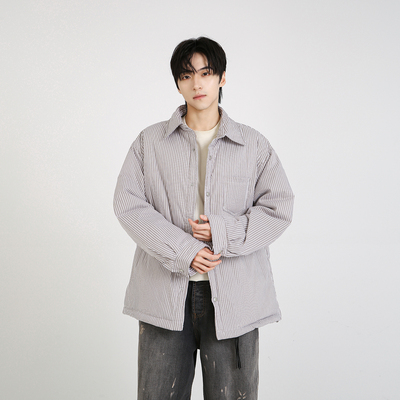 NineteenAutumn复古廓型宽松保暖条纹棉服男女同款情侣棉衬衣加厚