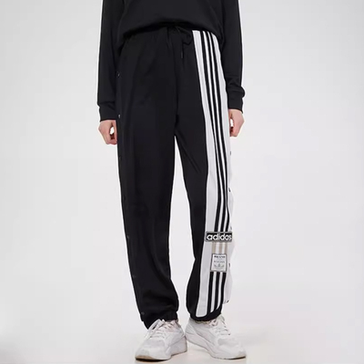 阿迪达斯三叶草女裤侧排扣条纹印花运动裤束脚宽松休闲长裤GJ6580