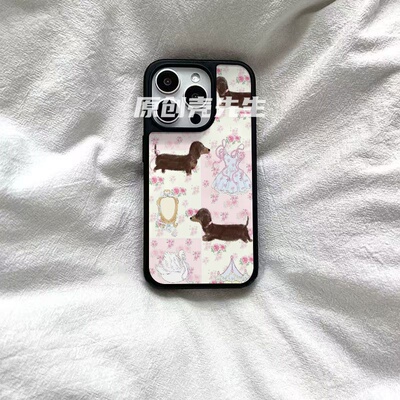 碎花腊肠狗原创亚克力黑边磁吸适用苹果iPhone16promax手机壳1312pro小米1415Pro华为mate60p70三星S23防摔