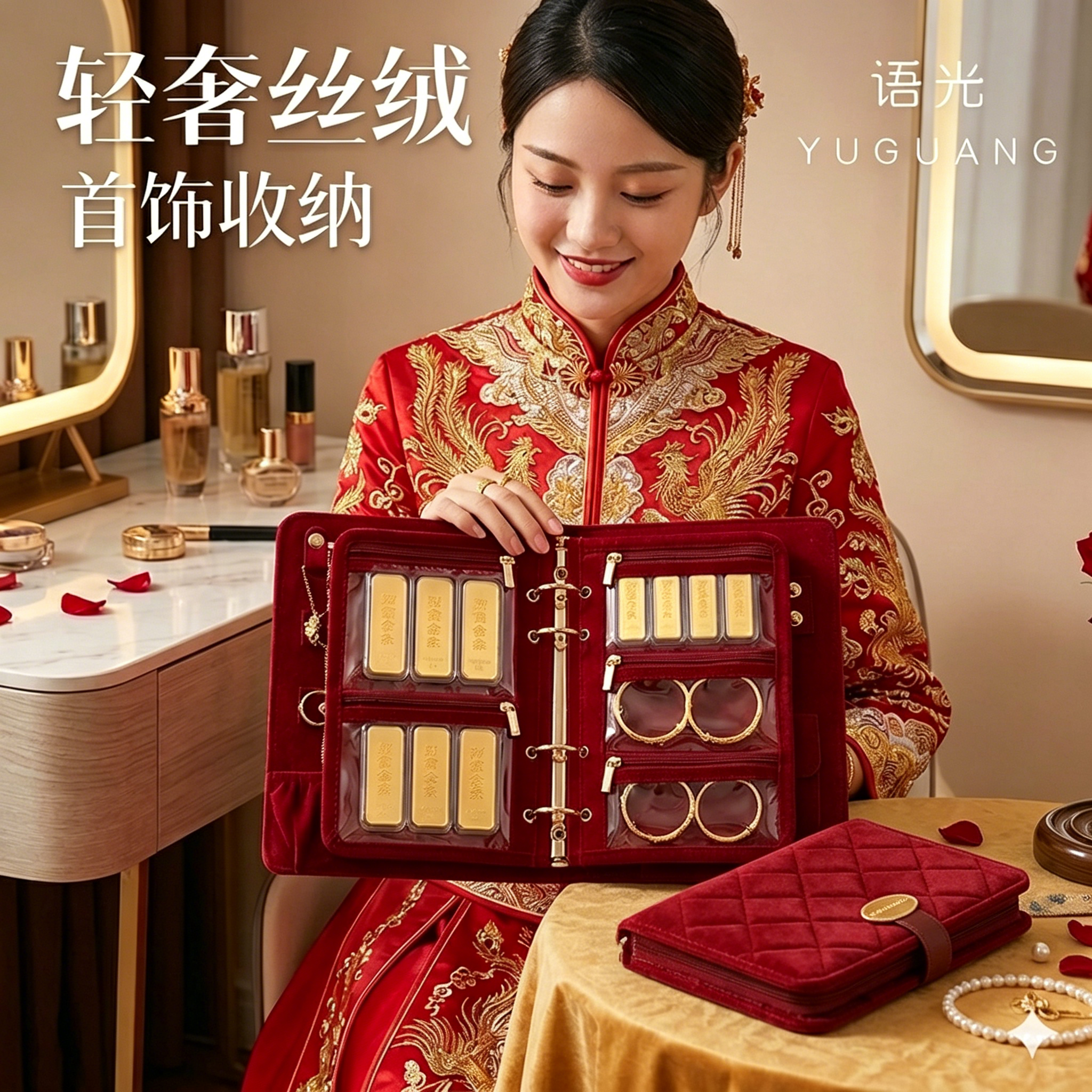 婚嫁黄金首饰收纳册防氧化高档轻奢结婚饰品盒珠宝便携旅行神器绒布拉链收纳包戒指项链耳环手链密封袋分格页