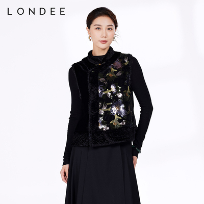 Londee/龙笛新中式丝绒棉背心马甲绣珠花马夹4T27176