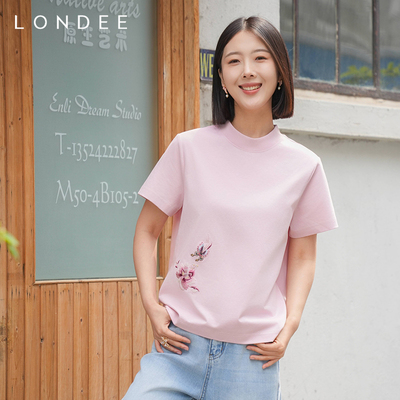 Londee/龙笛时尚新中式刺绣宽松短袖上衣显瘦挺括汗衫T恤5T22587