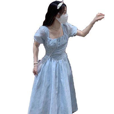 茶歇法式蓝色连衣裙女夏高