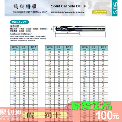 台湾苏氏SUS TiAIN钨钢直柄钻头 WD-1721 全系可订 拍前请询价