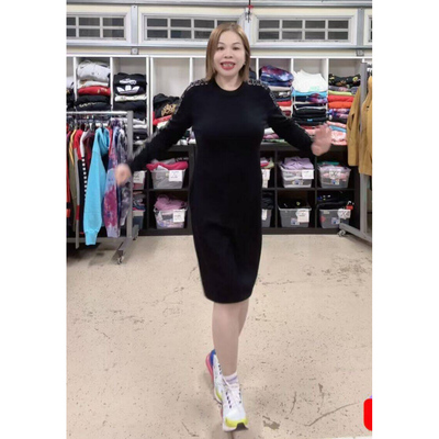 Lisa姐姐美国代购 DKNY针织连衣裙LOGO袖标黑色