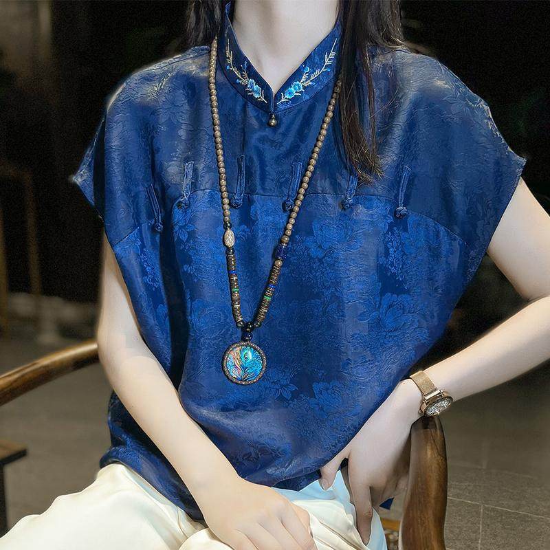 仿香云纱上衣女夏季高级感仿真丝短款改良中式国风盘扣小衫