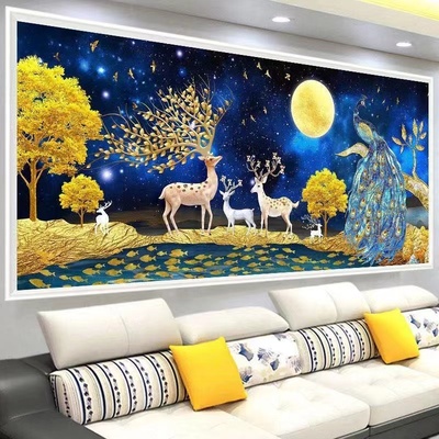2024新款5D钻石画满钻客厅风景画发财鹿麋鹿孔雀十字绣点钻钻石绣