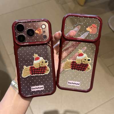 复古格纹刺绣腊肠狗适用苹果18pro手机壳iPhone17promax小米17华为mate80p90红米K70reno15nova14x300荣耀600