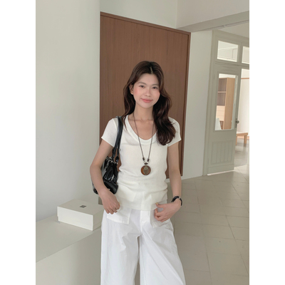 SUSAN-十三行26春上新圆领修身短袖上衣显瘦白色T恤针织衫女2916s