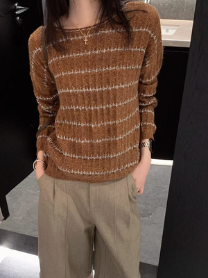 欧洲站夹条设计感一字领套头毛女2026秋季洋气减龄打底针织衫女