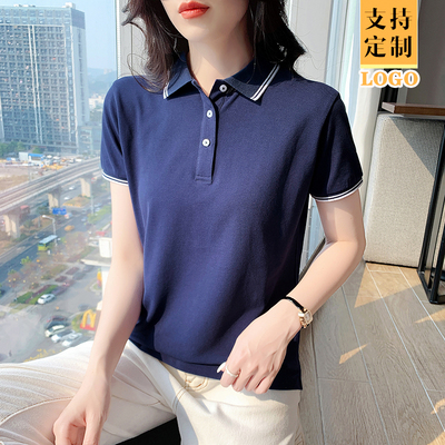 条纹领短袖polo衫女夏