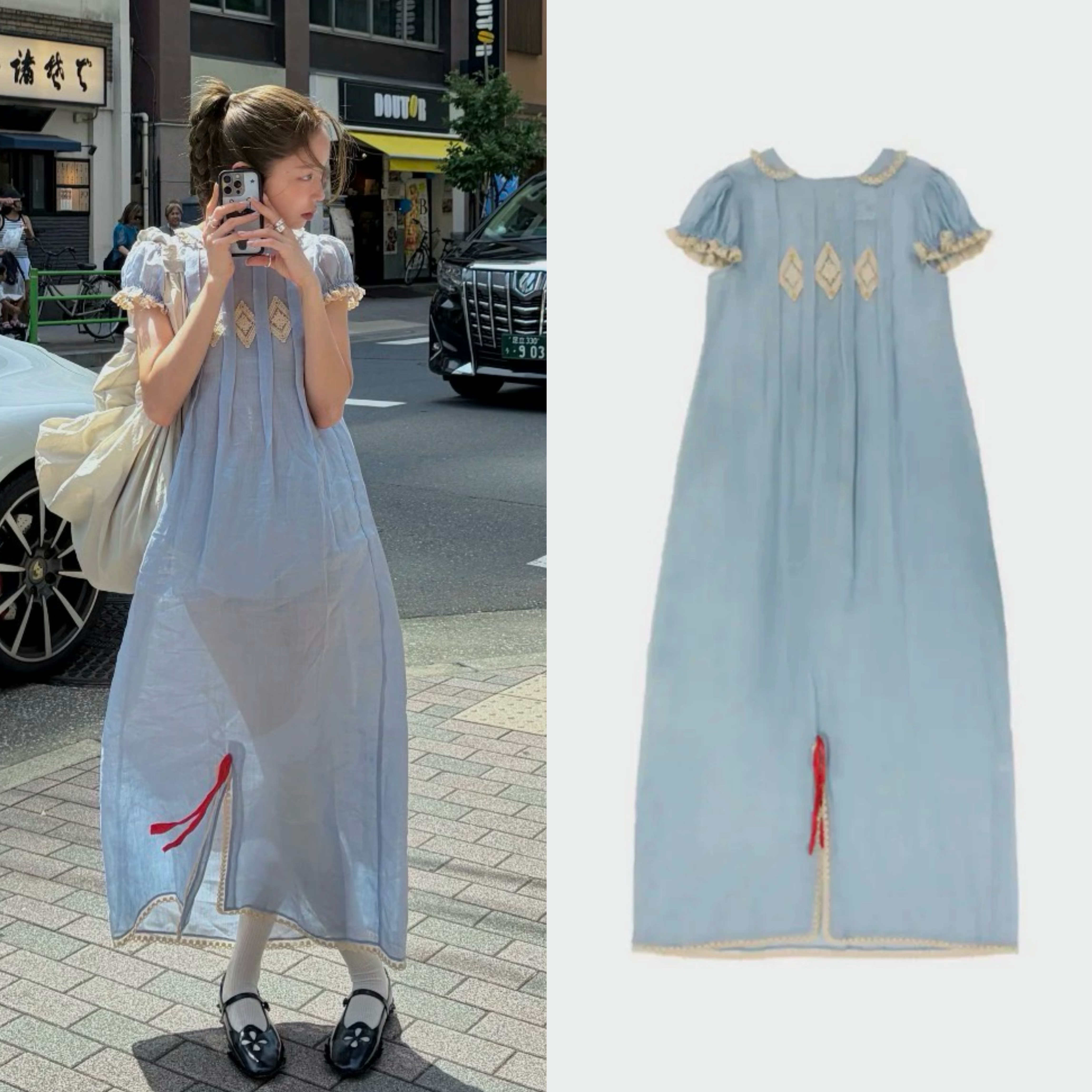 韩国已定 Freckle 26夏季新款 蓝色蕾丝花边苎麻娃娃袖连衣裙长裙