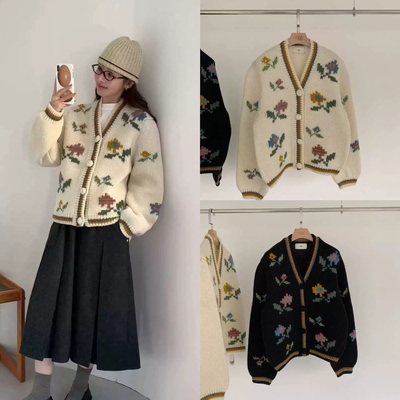 国内现货 egg 25秋冬新款 复古温柔优雅拼色花朵提花针织衫外套女