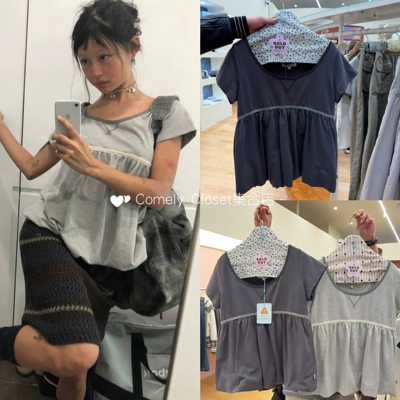买手店 coyseio 2026春夏新款 蕾丝花边小飞袖圆领褶皱短袖T恤女