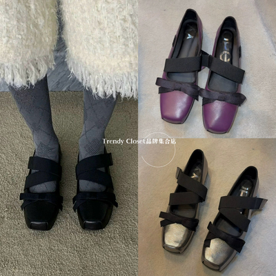 现货 closet openyy25新款魔术贴方头蝴蝶结芭蕾舞鞋平底玛丽珍鞋