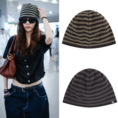 宋妍霏同款 coyseio 25新款 百搭简约字母条纹弹力针织帽冷帽女