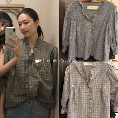现货 viaplain 26早春新款 休闲宽松荷叶边领口褶皱花边格子衬衫
