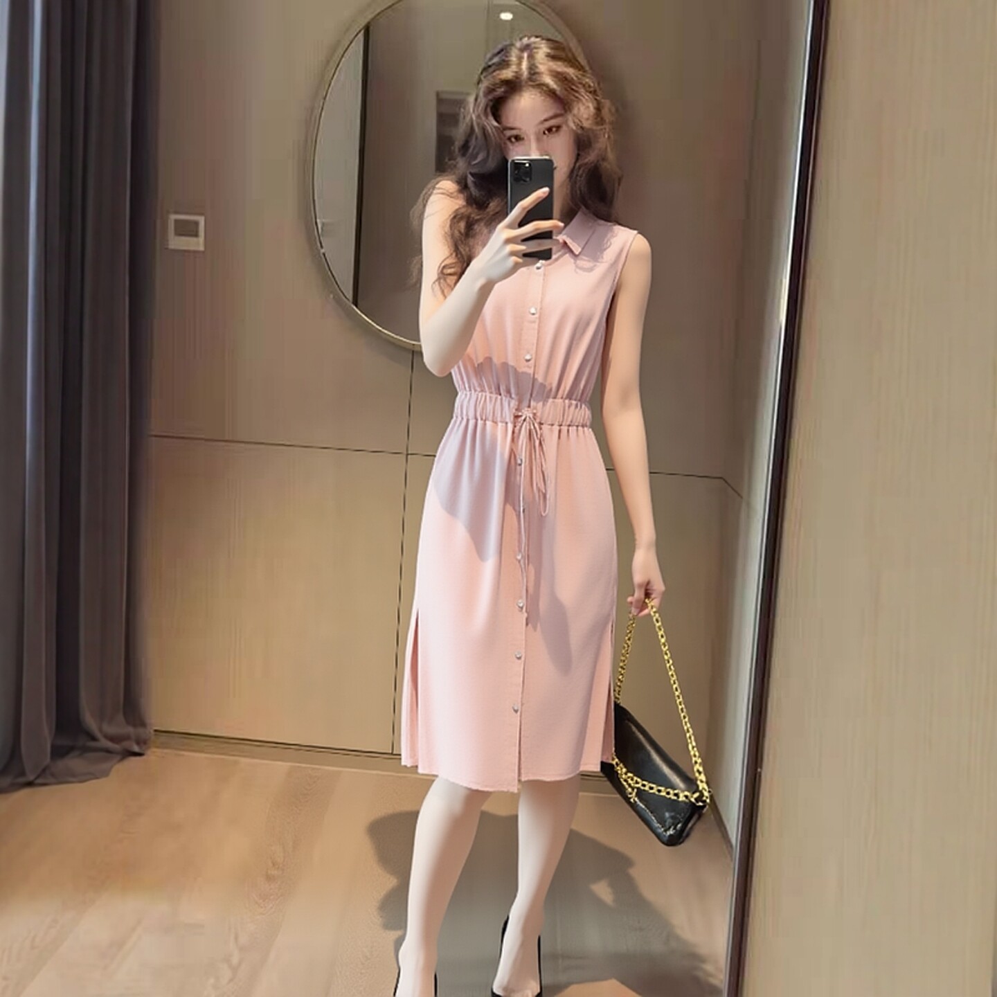 简约无袖衬衫粉色连衣裙夏季女装抽绳松紧收腰显瘦气质中长裙大码