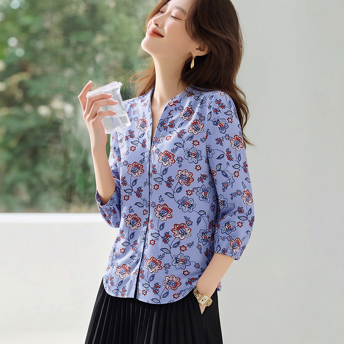 碎花V领乔其纱衬衫女长袖蓝色印花上衣轻薄百搭显瘦早秋新款大码