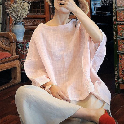 宽松麻料上衣前短后长前开叉