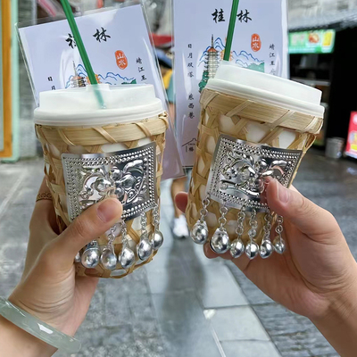 西江苗族奶茶饰品铃铛竹篓杯装饰苗寨千户彝族仿银饰挂银片材料