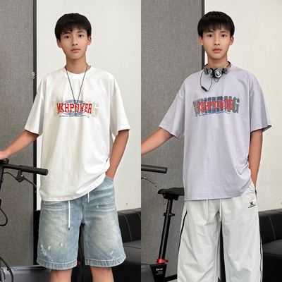 XT1920小赖家青少年2026新款男童字母印花T恤短袖宽松上衣炸街潮