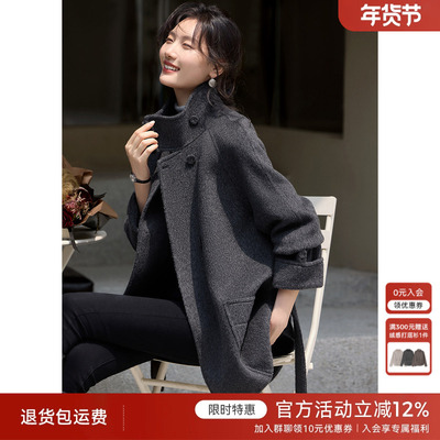 XWI欣未赫本风设计感灰色羊毛大衣女2024年冬季系带收腰毛呢外套