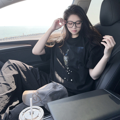 高街设计感钉珠2026夏季黑色短袖