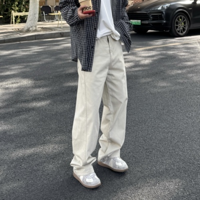 飞型记米白色直筒牛仔裤男士2026新款夏季休闲宽松浅色百搭长裤子