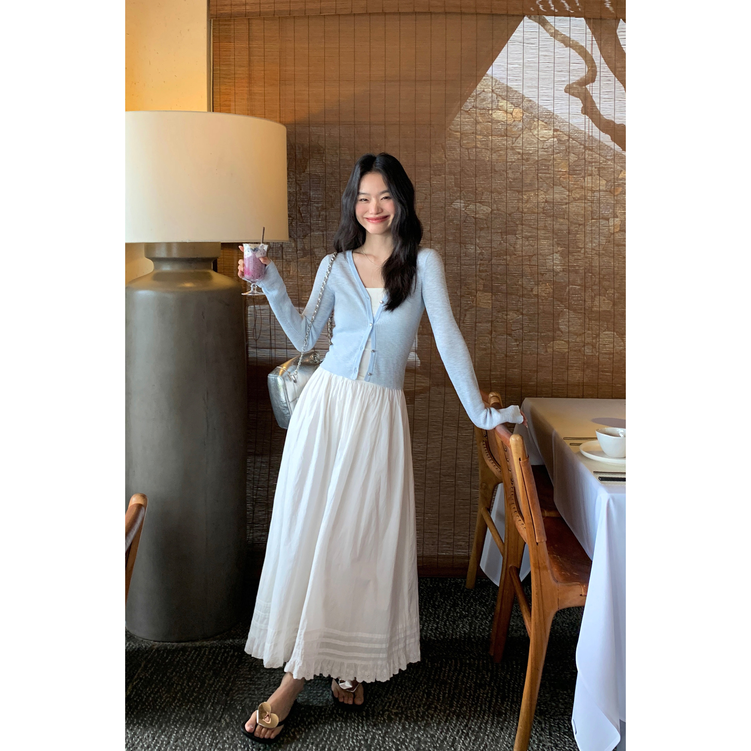 pusumede 白色V领薄款防晒针织开衫外套女夏季空调罩衫外搭上衣