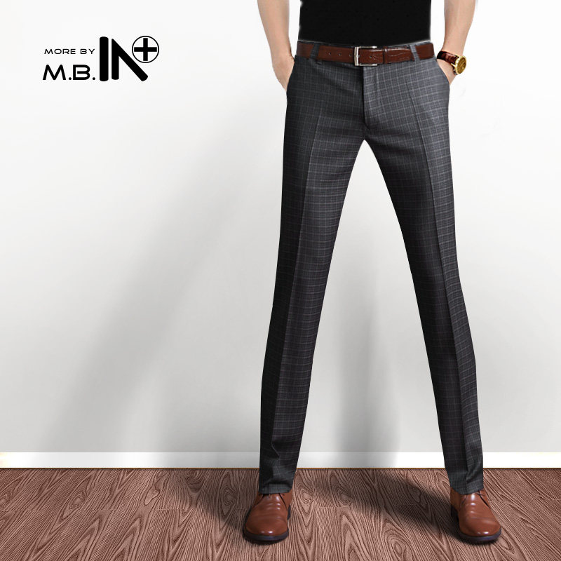 MBIN夏季潮牌韩版英伦修身男士深灰格子休闲小脚西裤免烫时尚长裤_虎窝淘