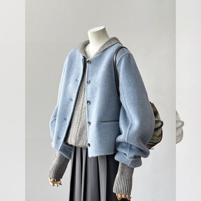 蓝色毛呢外套针织衫套装女秋冬