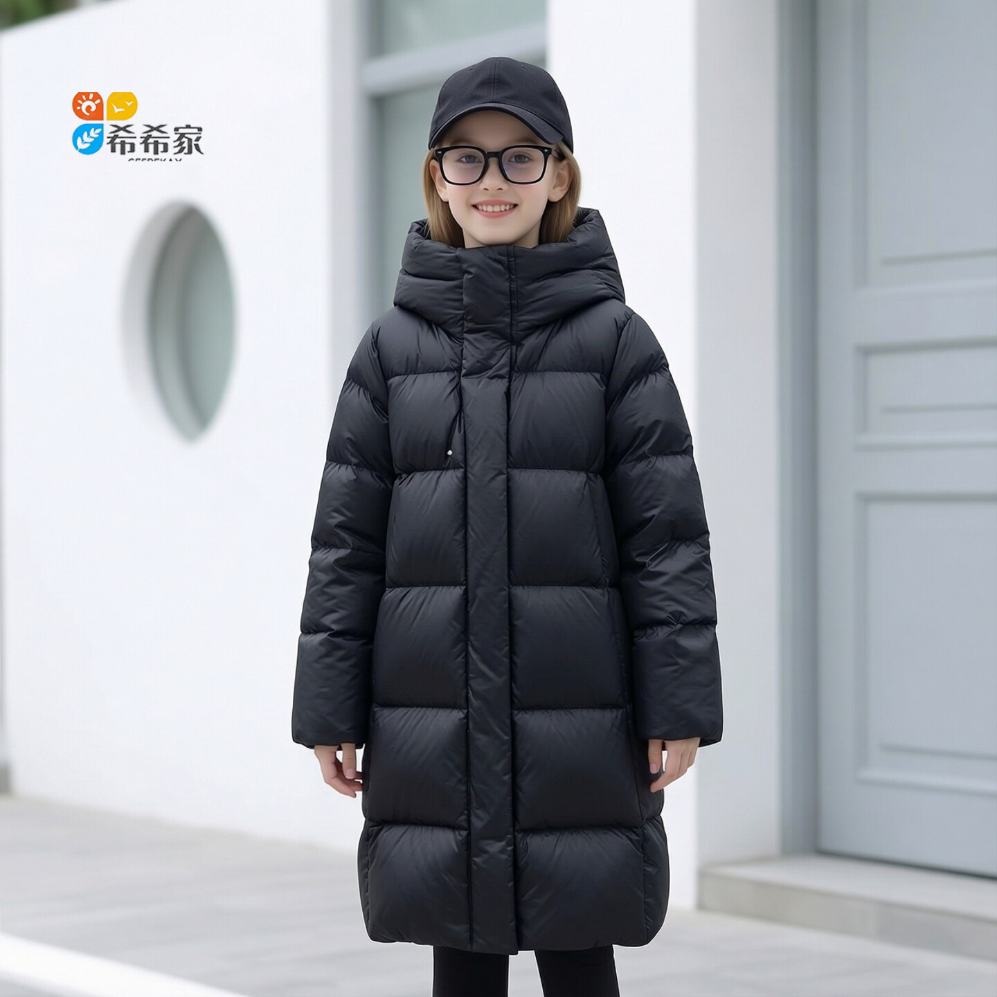 儿童中长款羽绒服男女童加厚保暖连帽过膝黑色外套白鸭绒滑雪服