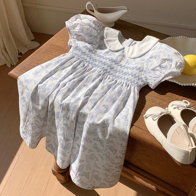 女童碎花smocking打揽连衣裙80-134短袖夏洛特公主同款新款复古裙